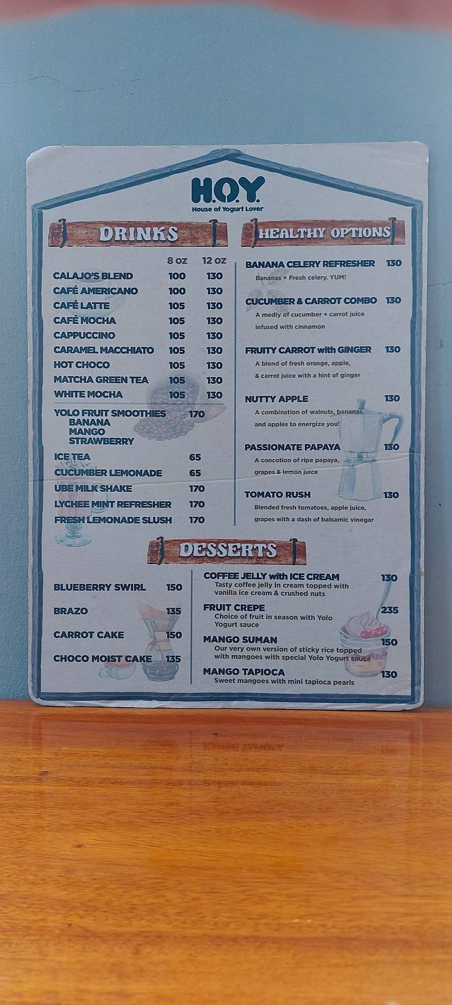 Menu at House of Yogurt Lover (H.O.Y.) restaurant, Baguio