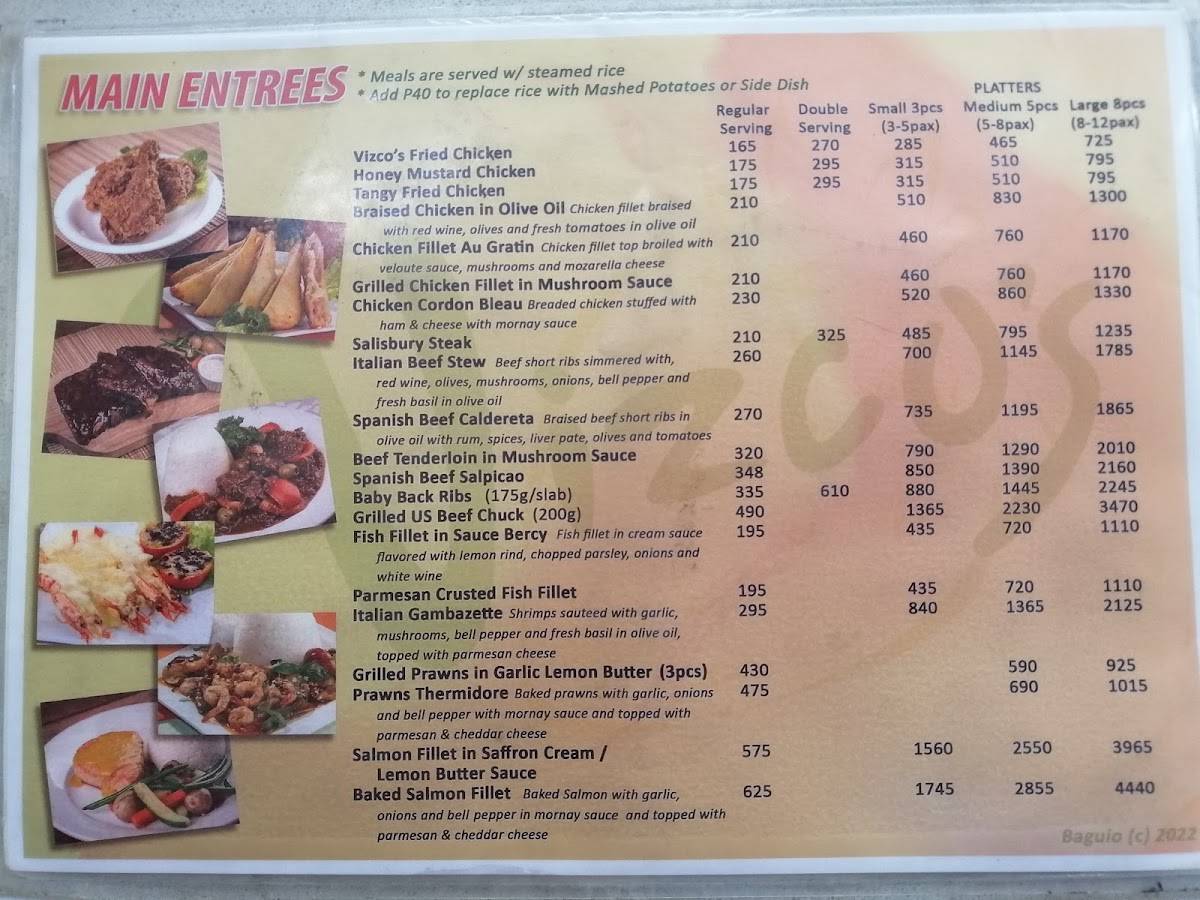 Menu at Vizco's Restaurant & Cake Shop, Baguio