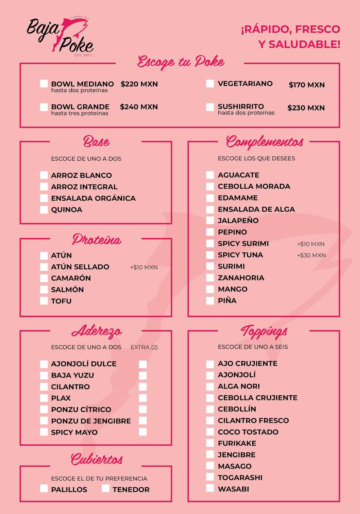 Carta del restaurante Baja Poke Otay (Plaza Universitaria), Tijuana