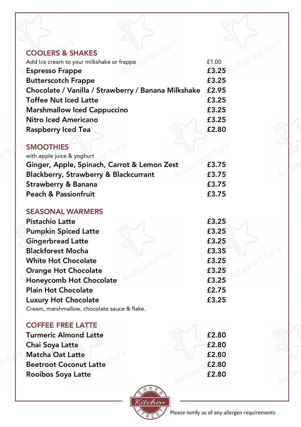 Menu at Baker Street Kitchen cafe, Middlesbrough
