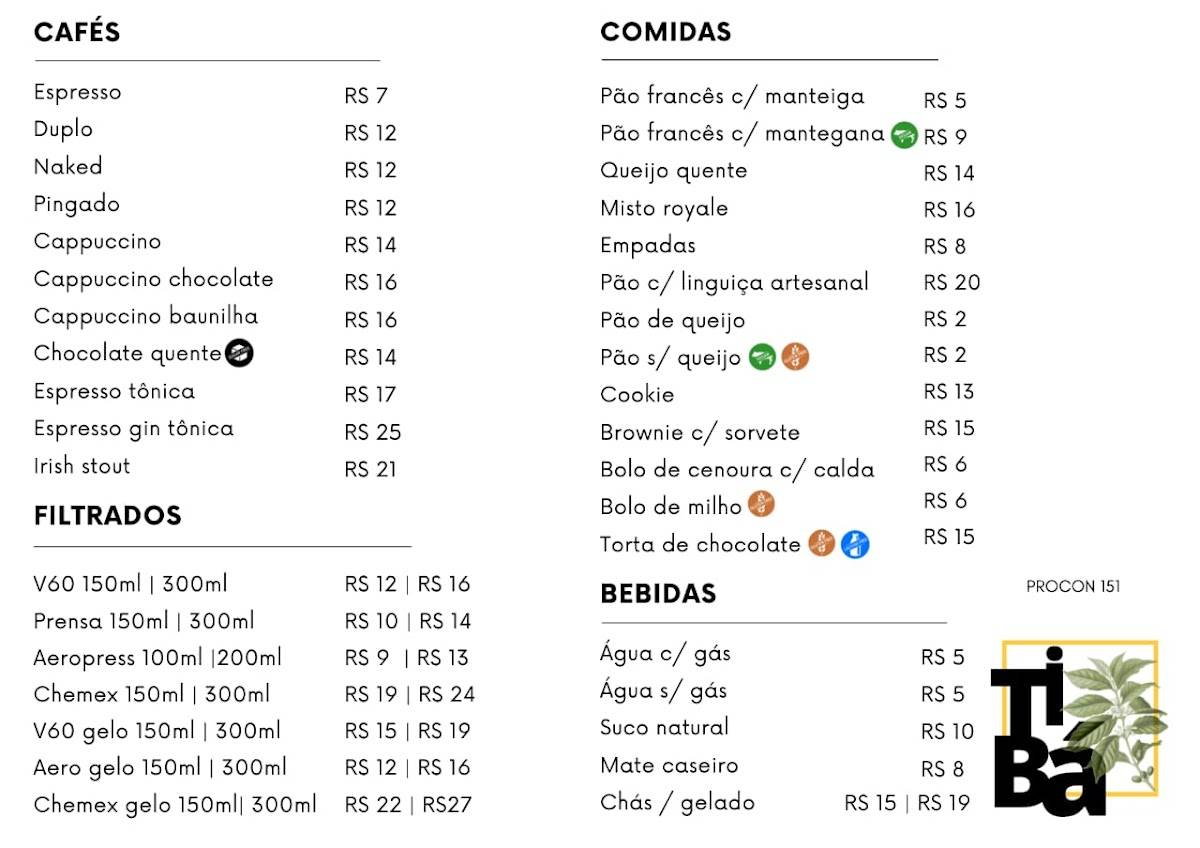 Menu em Balcão de Cafés Tibá, Brasília