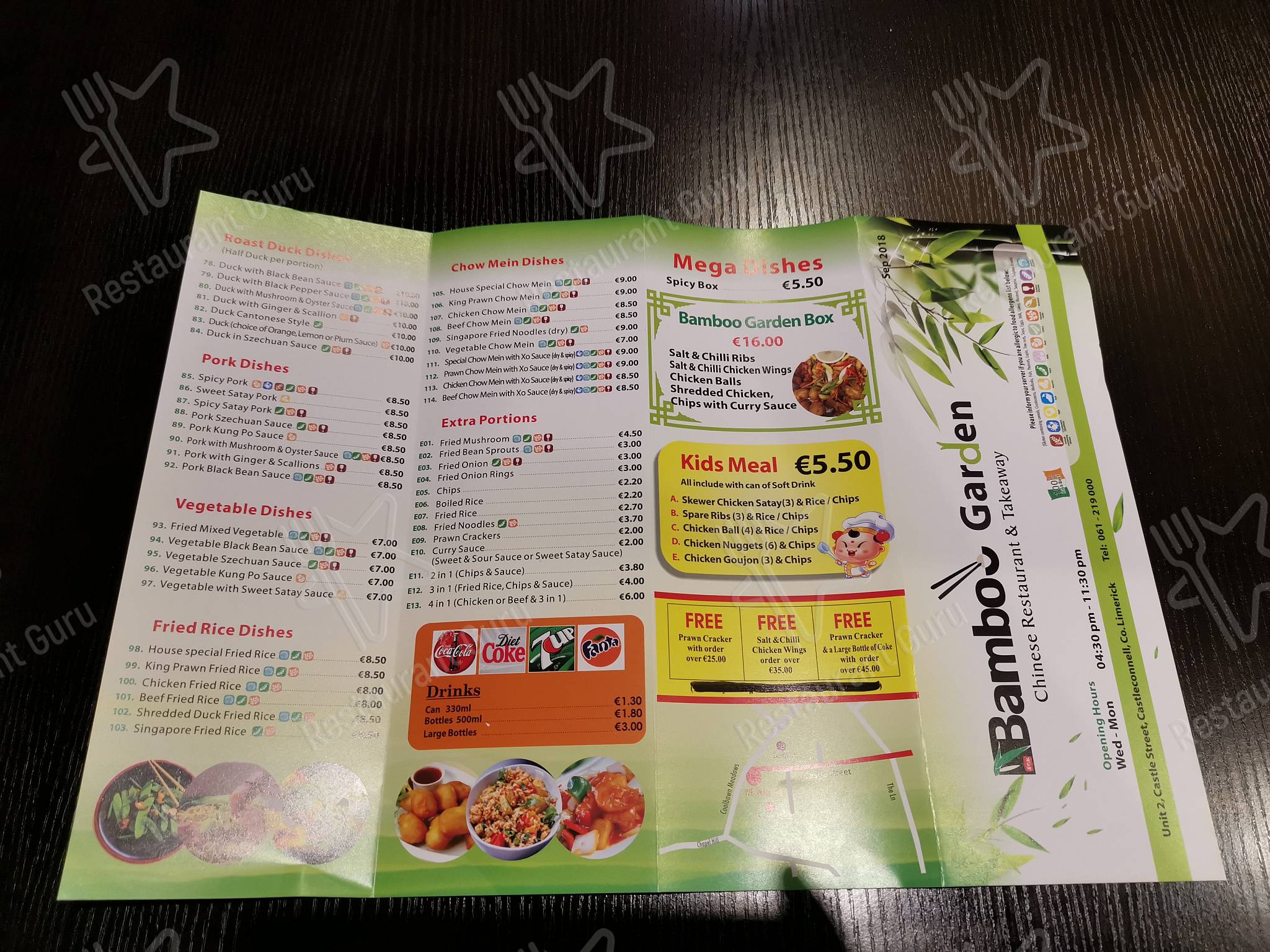 Menu at Bamboo Gardens restaurant, Castleconnell