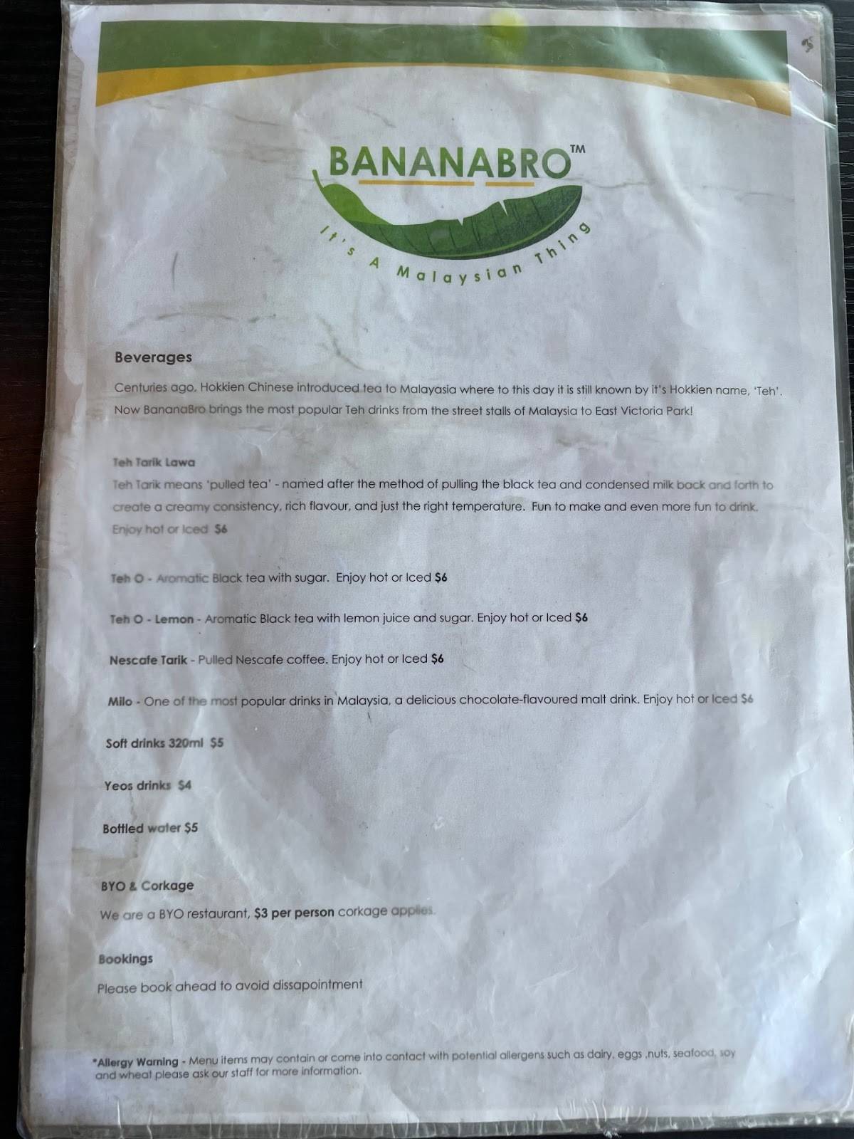 Menu at BananaBro restaurant, East Victoria Park