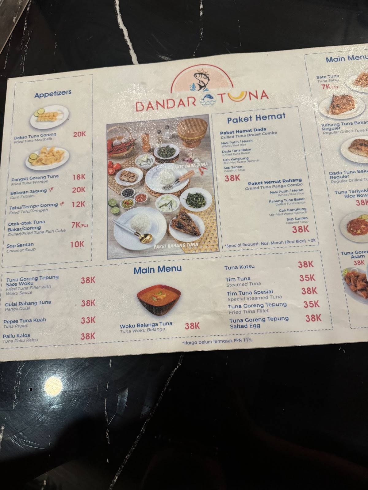 Carta del restaurante Bandar Tuna Tentara Pelajar, Macasar