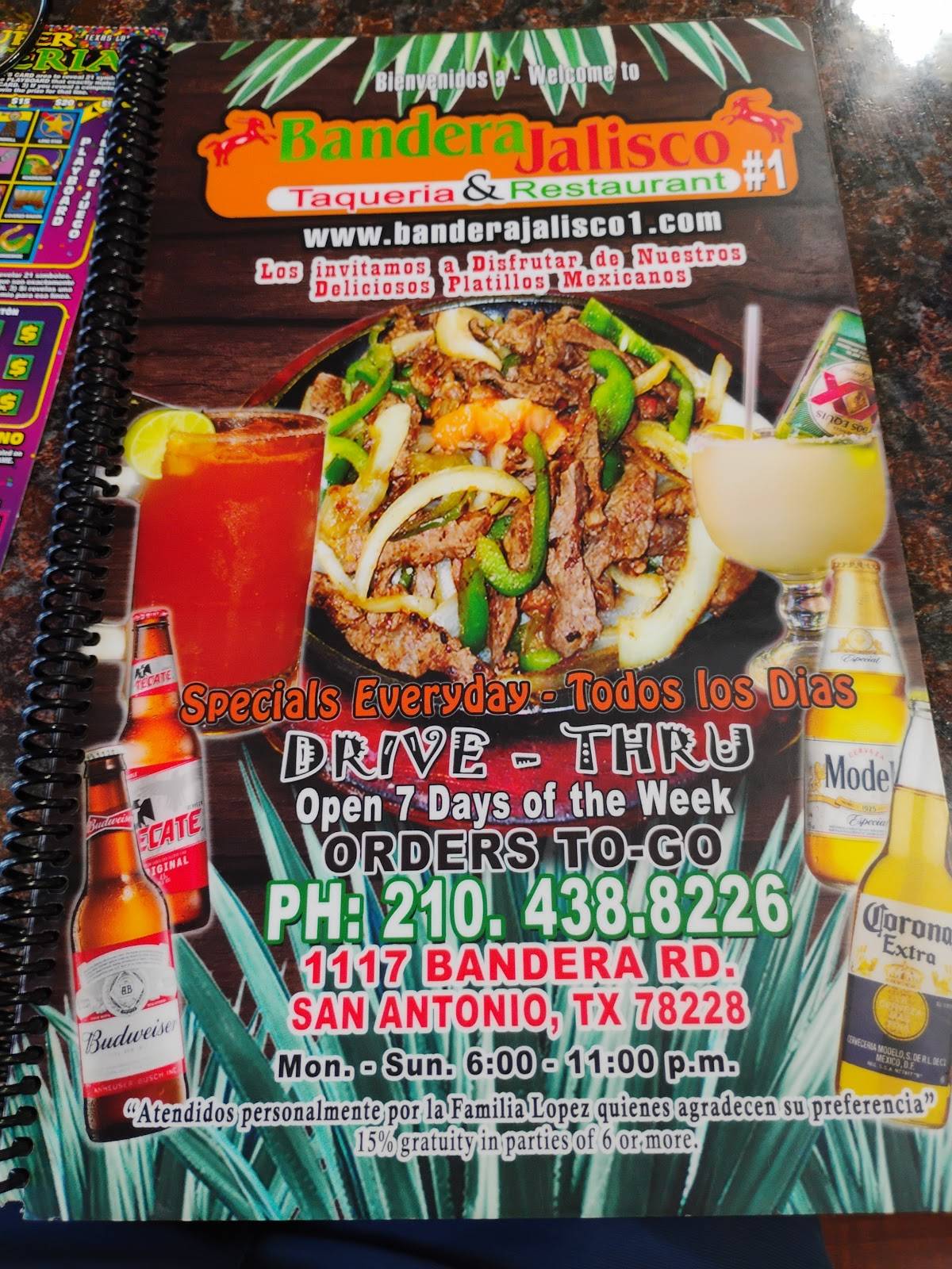 Carta del restaurante Bandera Jalisco, San Antonio, Bandera Rd