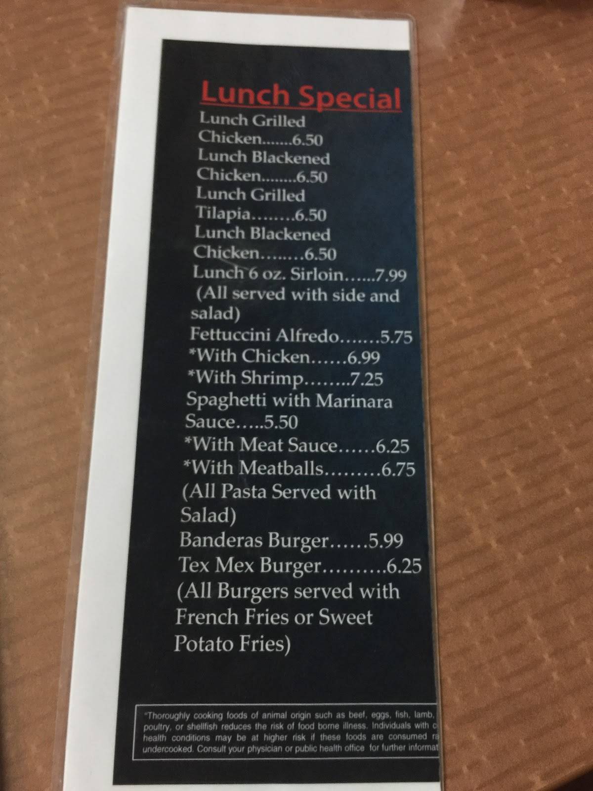 Menu at Banderas steakhouse, El Dorado, 200 W 10th St