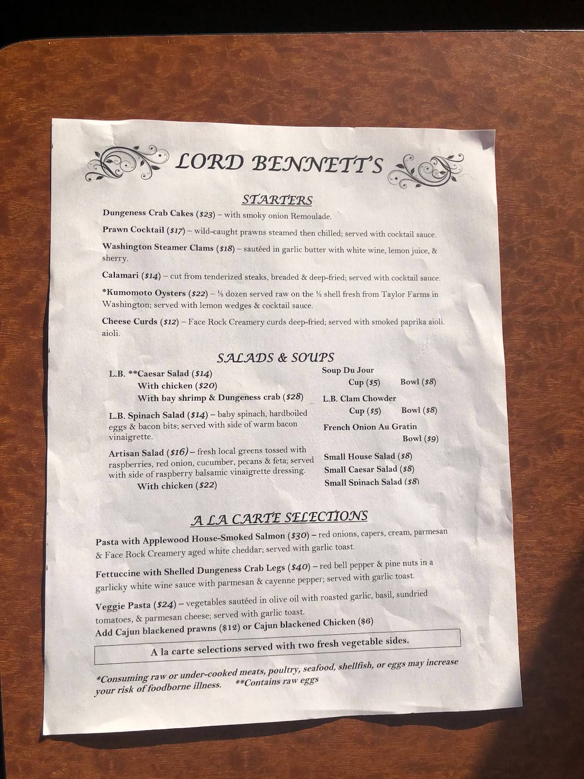 Menu at Lord Bennett's restaurant, Bandon