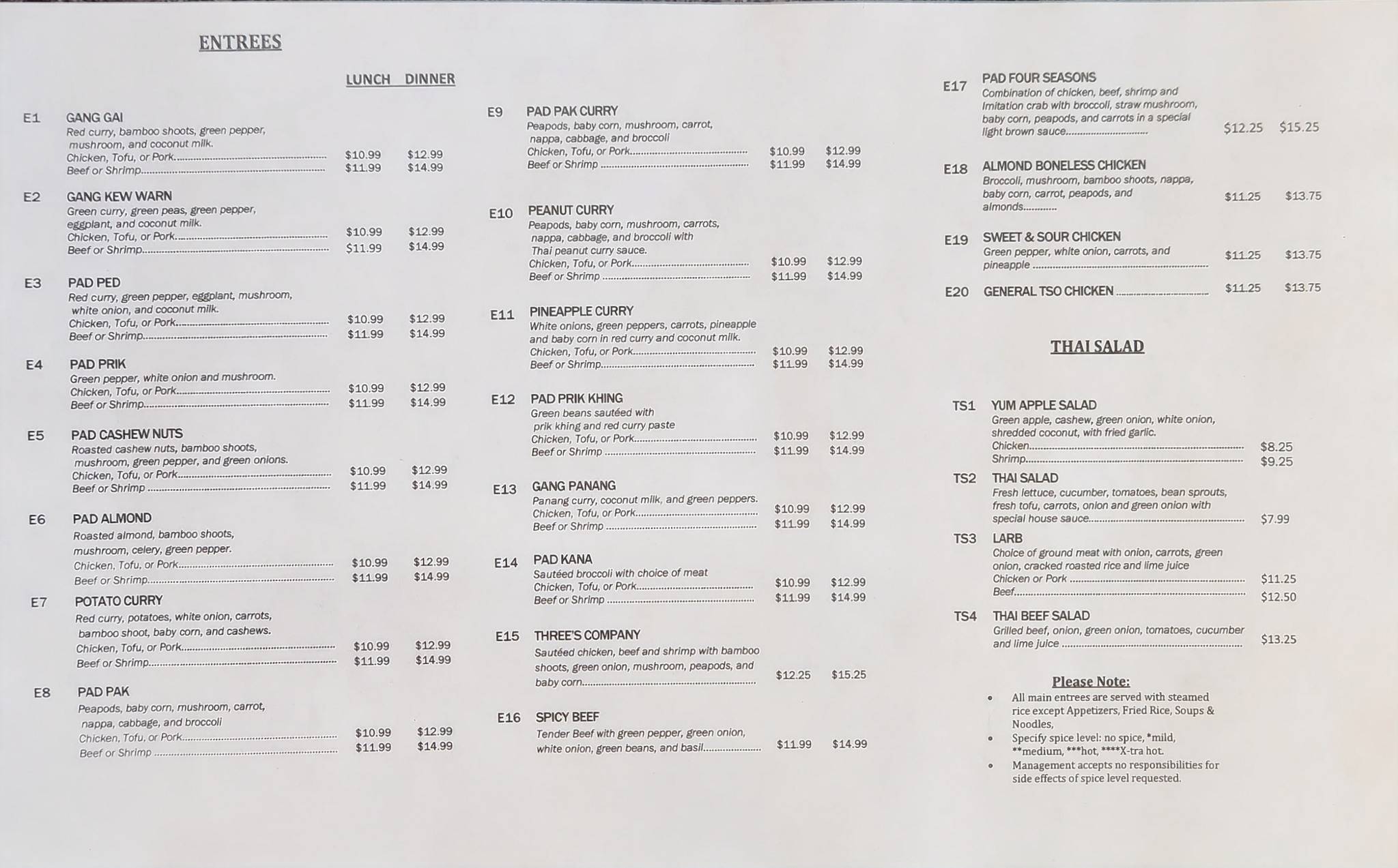 Menu at Bangkok Thai Express restaurant, Clarkston
