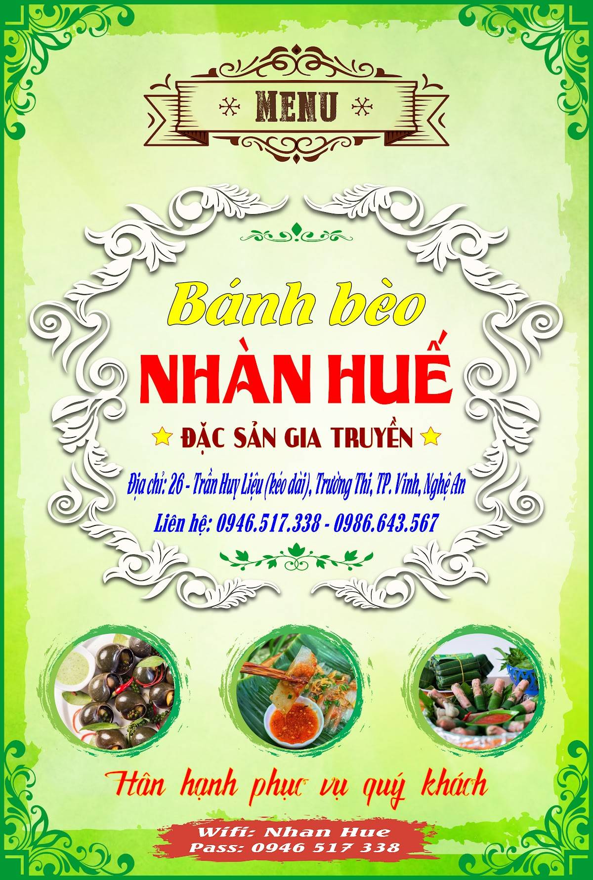Menu at Bánh bèo nhàn huế restaurant, Vinh
