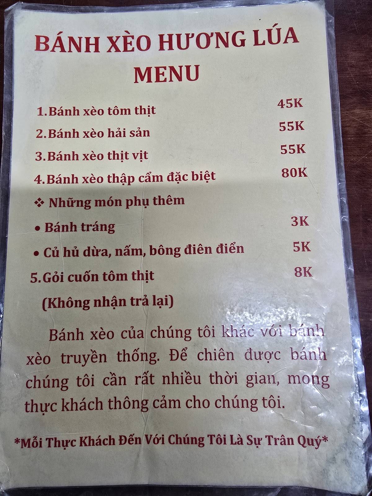 Menu at Bánh xèo Hương Lúa restaurant, Ho Chi Minh City