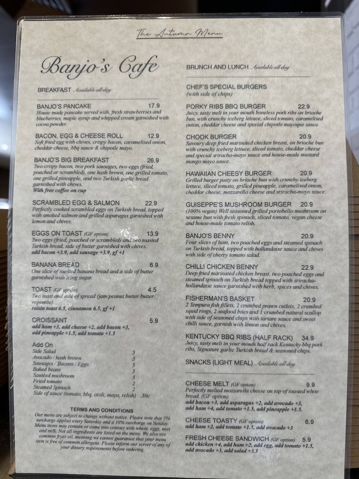Menu at Banjo's Cafe, Bathurst, 146 William St