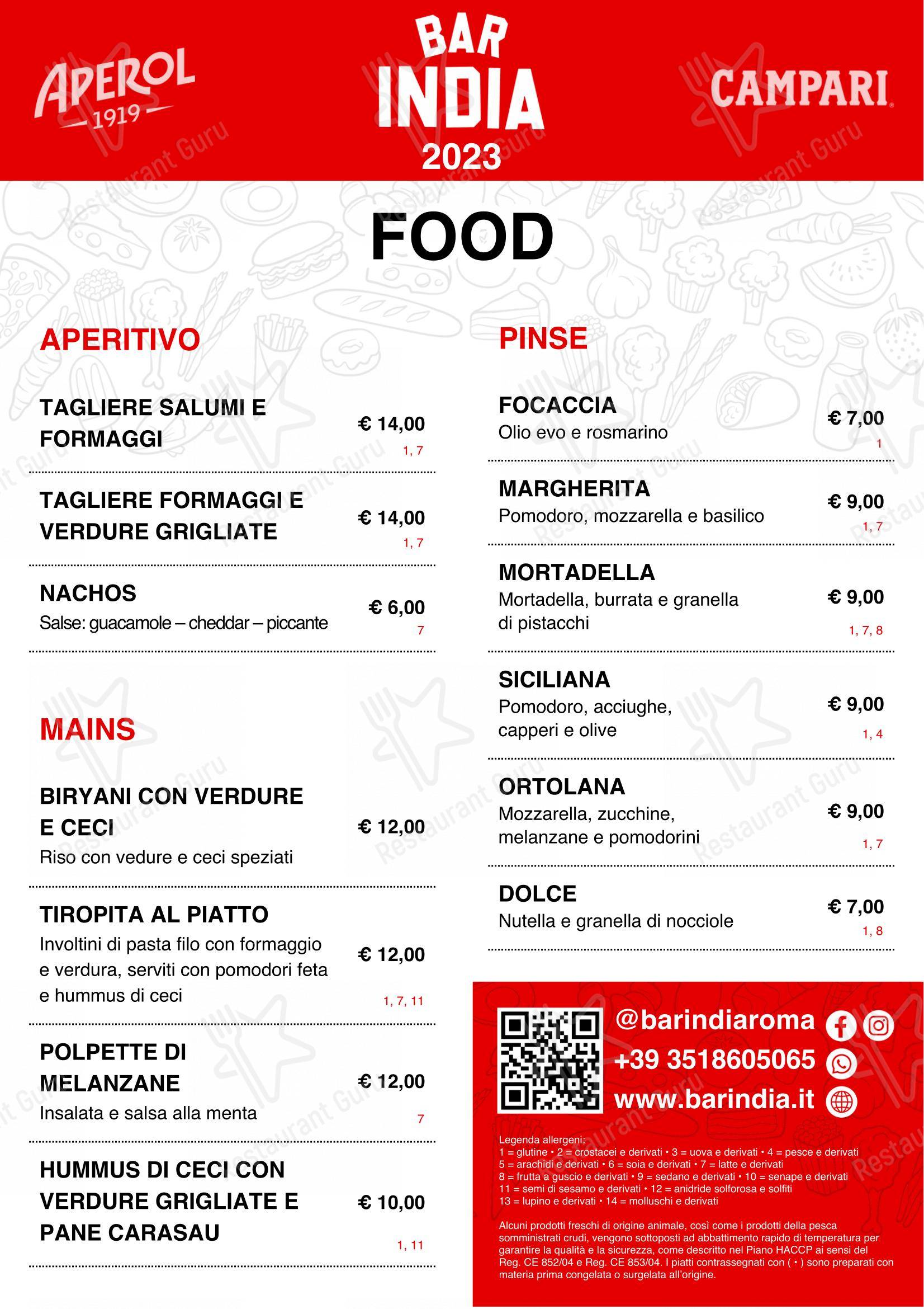 Menu da Bar India, Roma