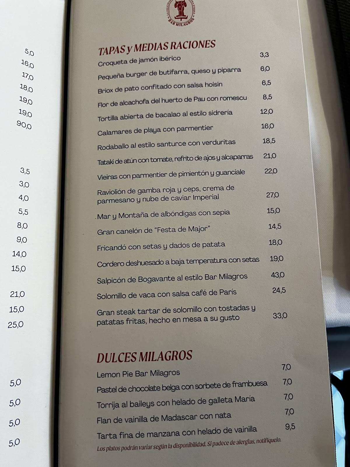 Menu at Bar Milagros, Barcelona
