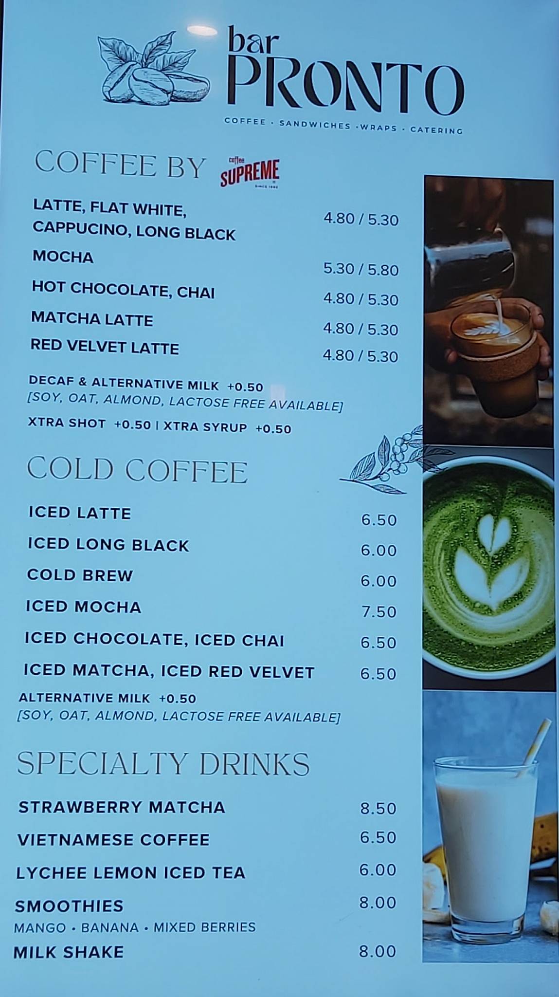 Menu at Bar Pronto, Sydney, 72 Pitt St