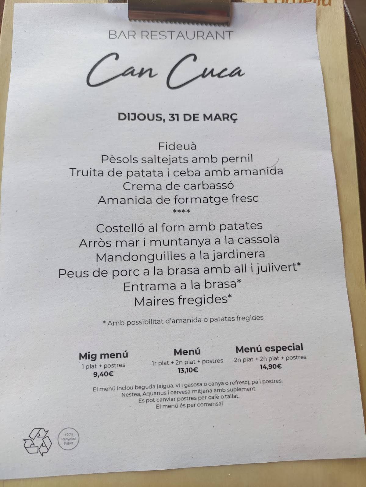 Carta de Bar Restaurant Can Cuca, Sils