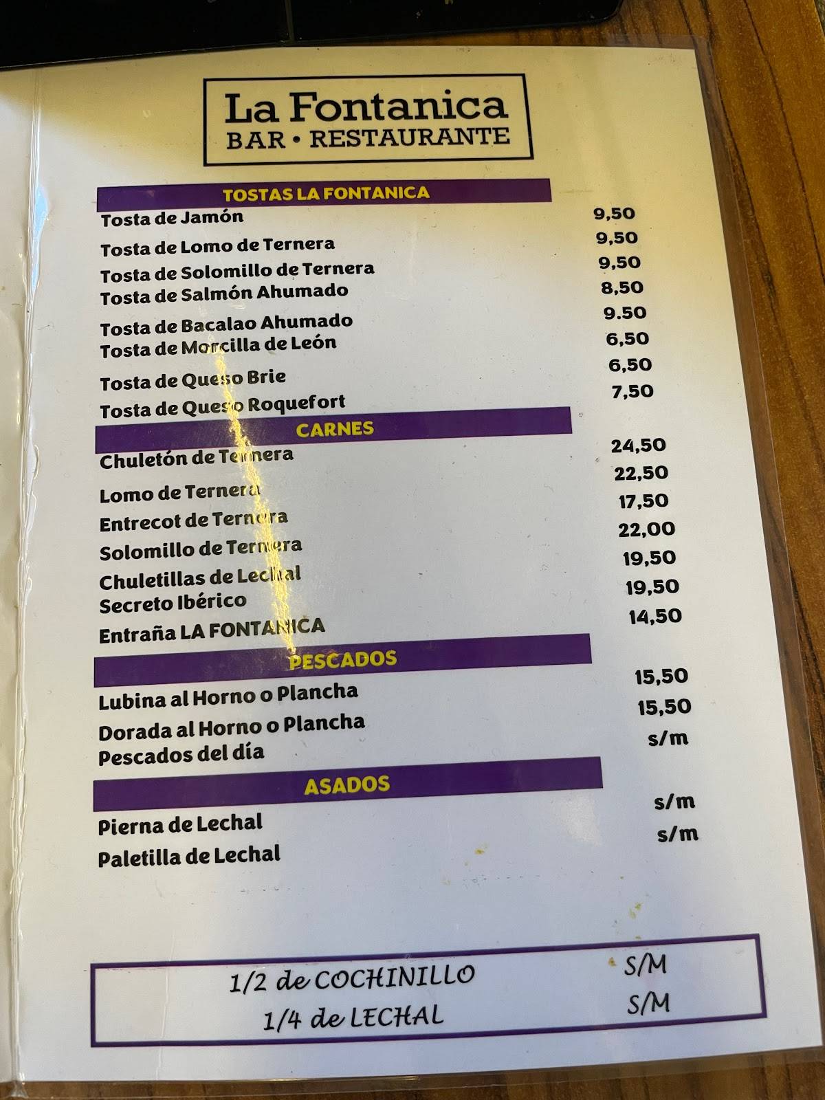 Carta de Bar Restaurante La Fontanica, Madrid