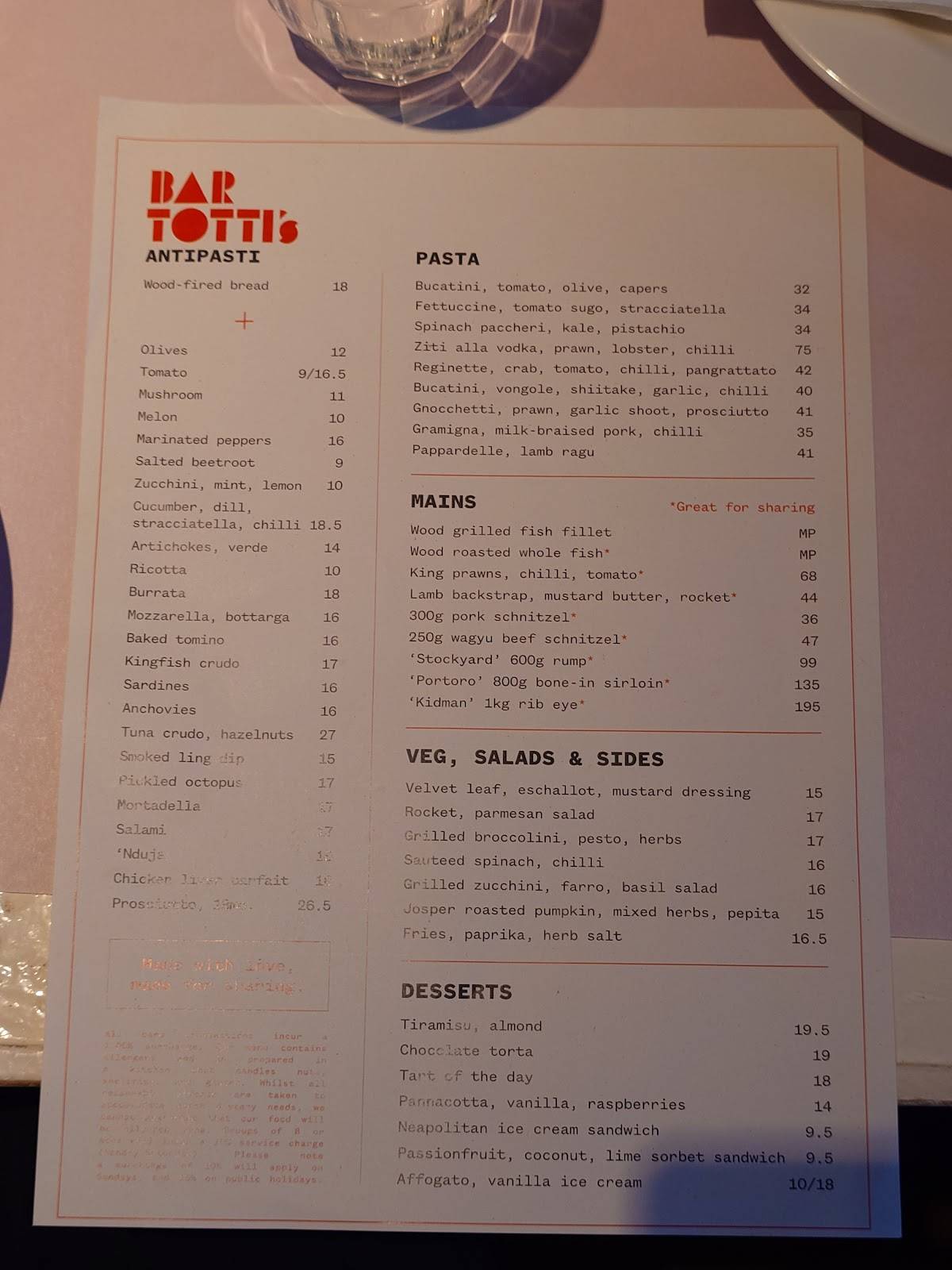 Menu at Bar Totti's, Sydney