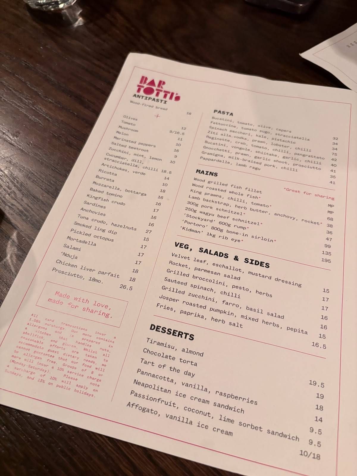 Menu at Bar Totti's, Sydney