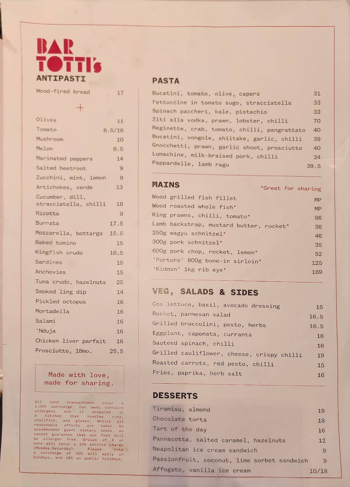 Menu at Bar Totti's, Sydney