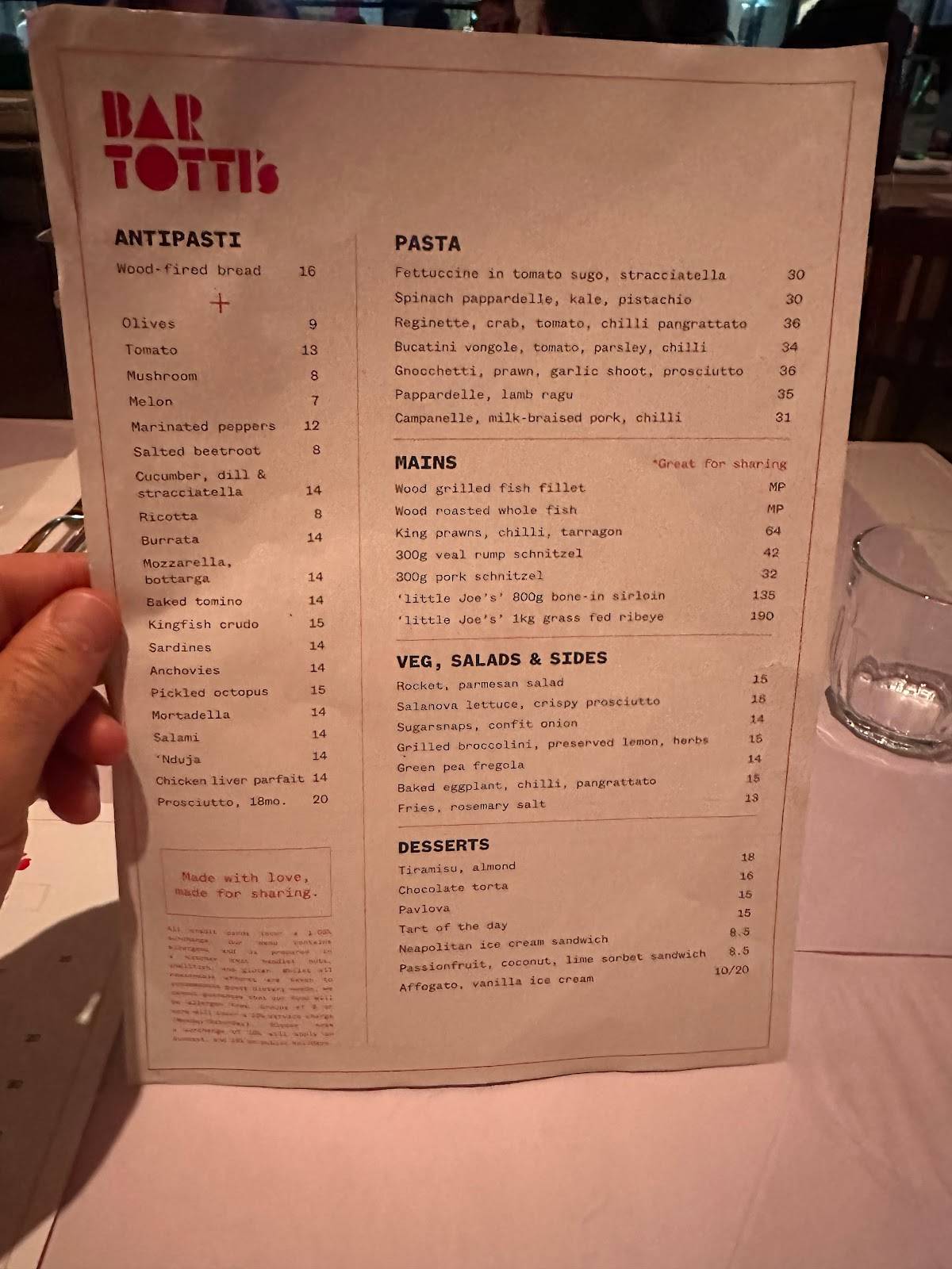 Menu at Bar Totti's, Sydney