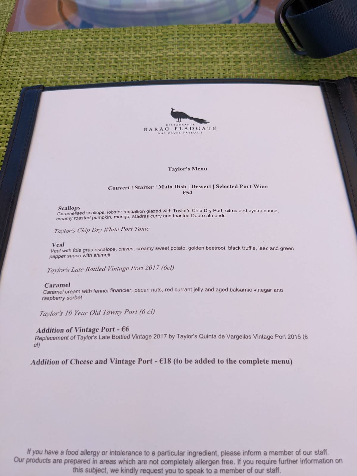 Menu at Barão Fladgate, Vila Nova de Gaia