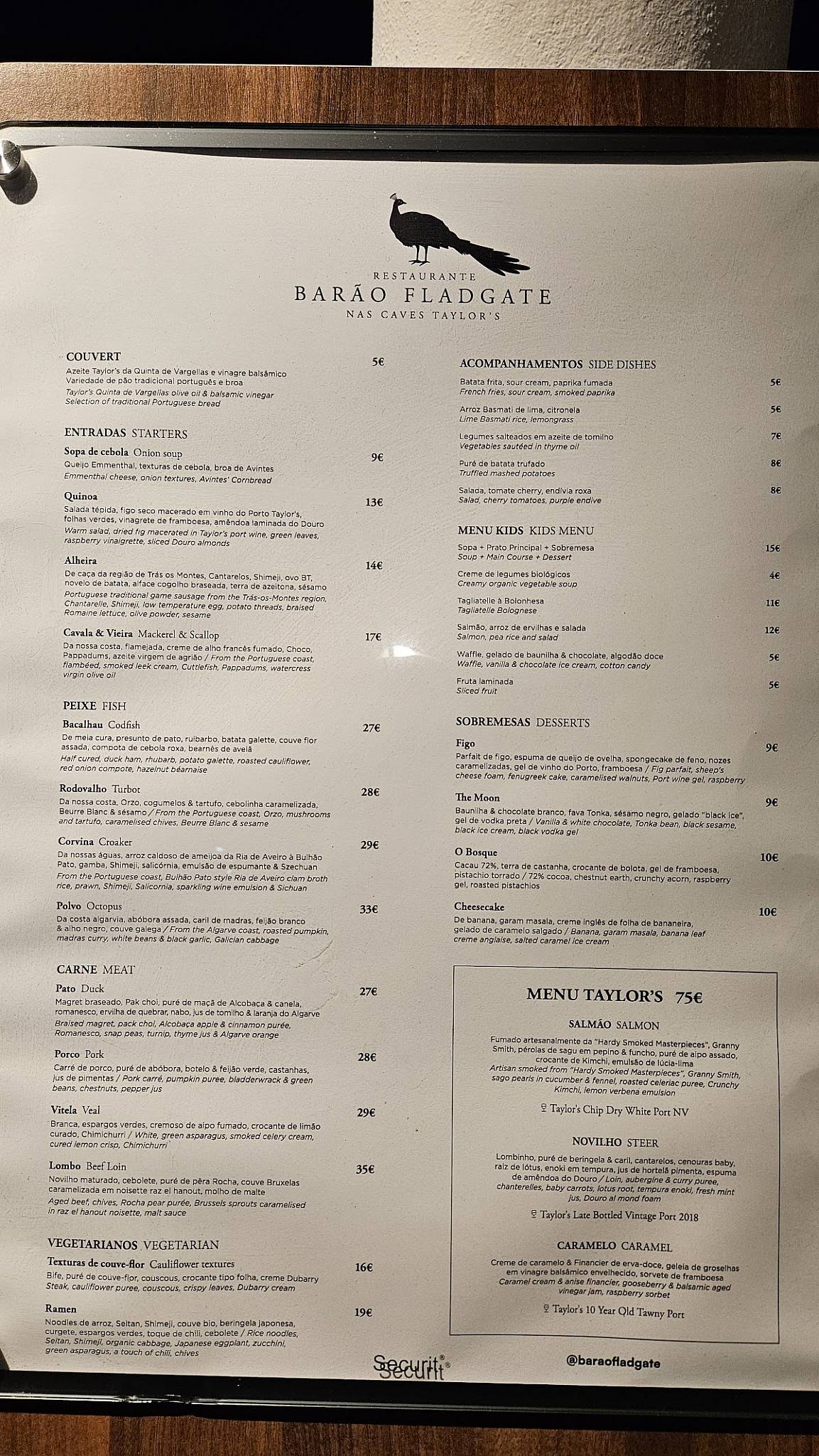Menu at Barão Fladgate, Vila Nova de Gaia