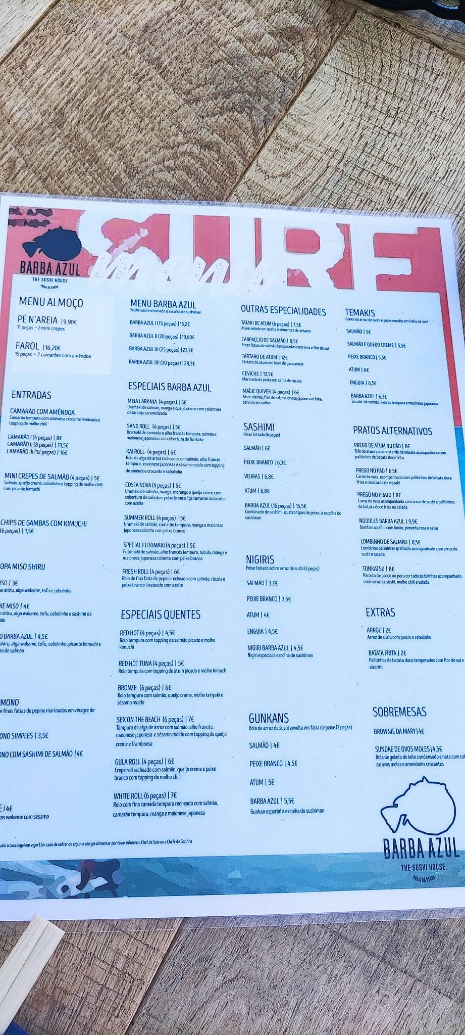Menu em Barba Azul, The Sushi House, Gafanha da Nazaré