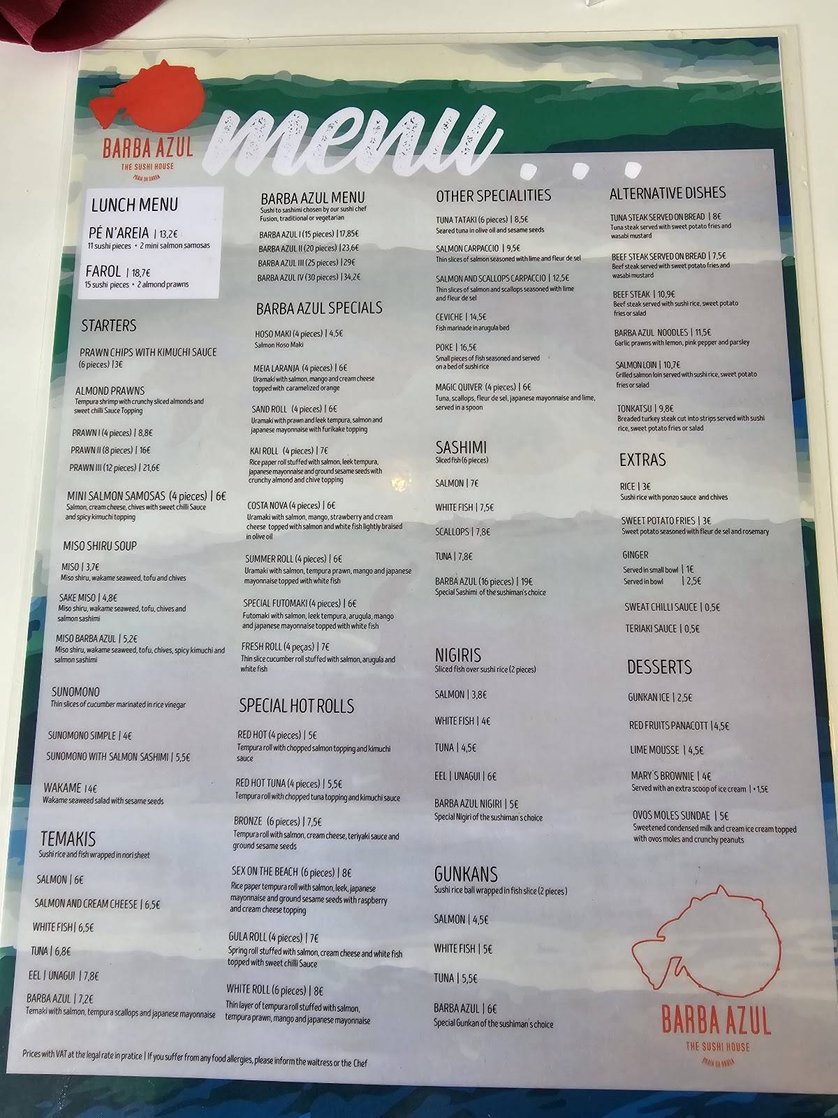 Menu em Barba Azul, The Sushi House, Gafanha da Nazaré