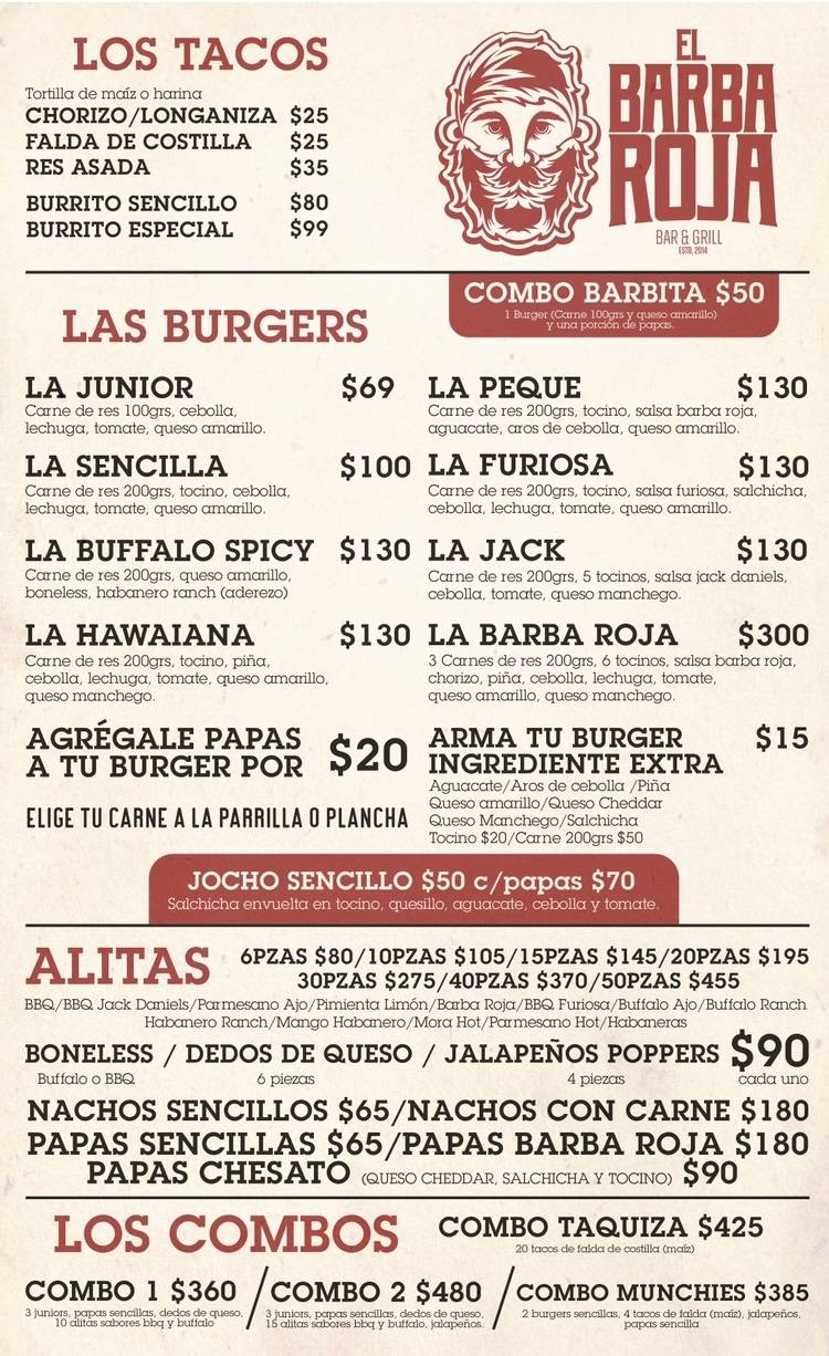 Carta de El Barba Roja Bar&Grill, Yajalón