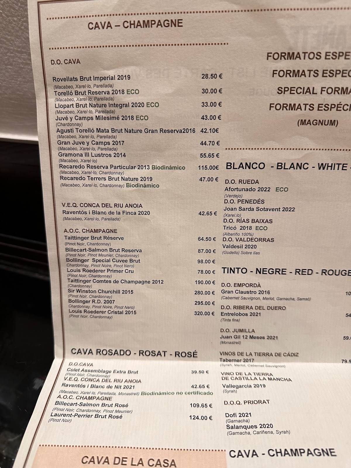 Menu at Cañete pub & bar, Barcelona, Carrer de la Unió
