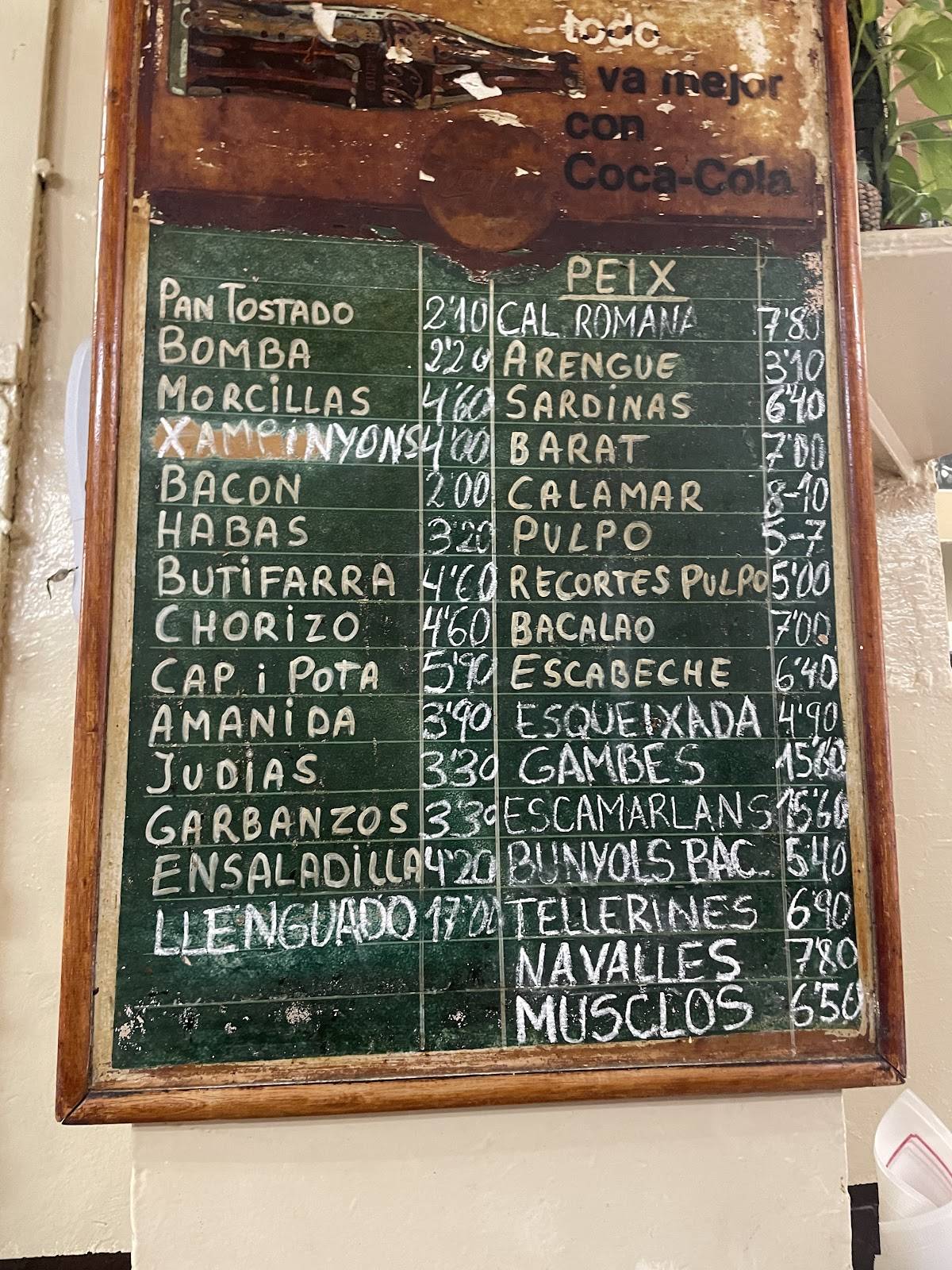 Menu at La Cova Fumada pub & bar, Barcelona