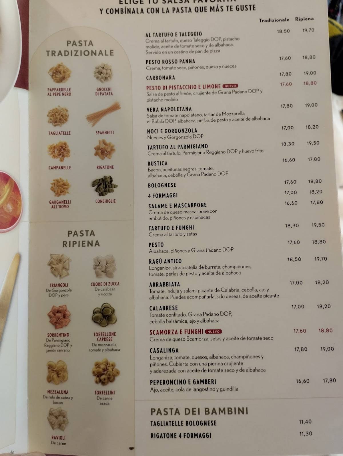 Carta del restaurante La Tagliatella, Barcelona, Av. Diagonal
