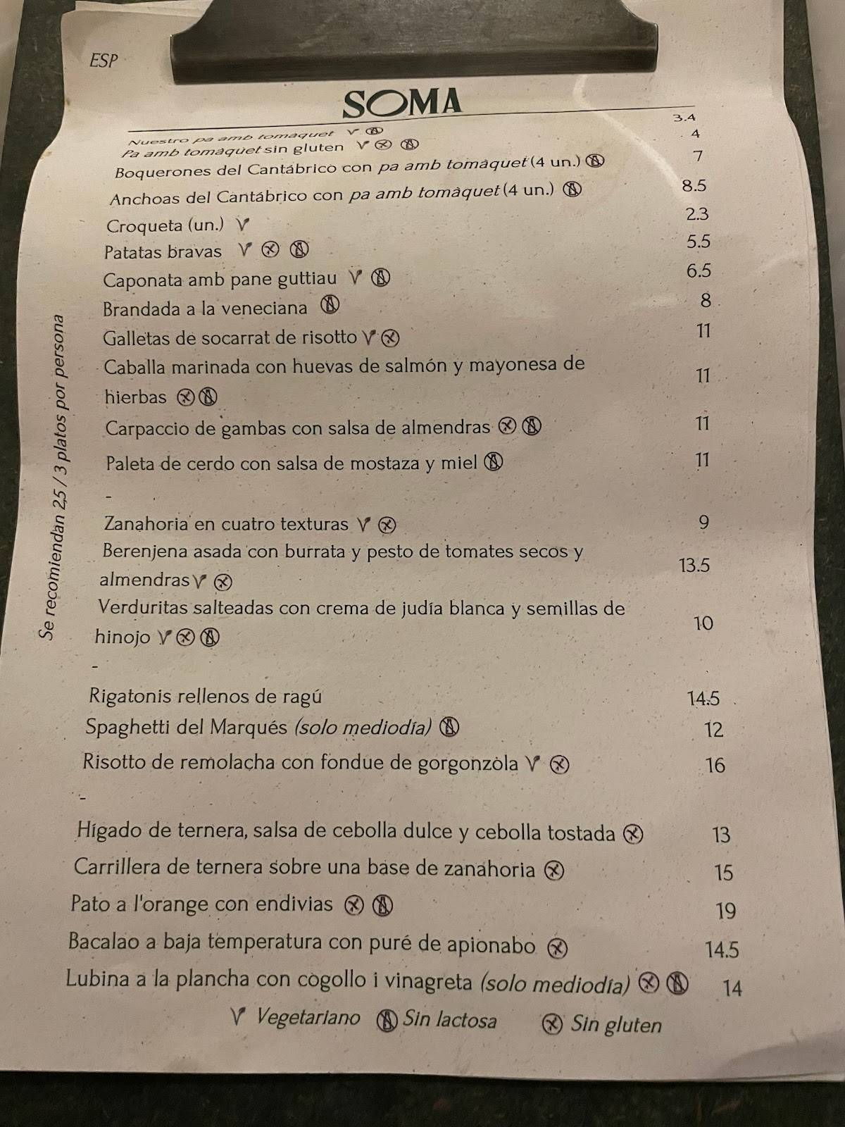 Menu at Soma restaurant, Barcelona