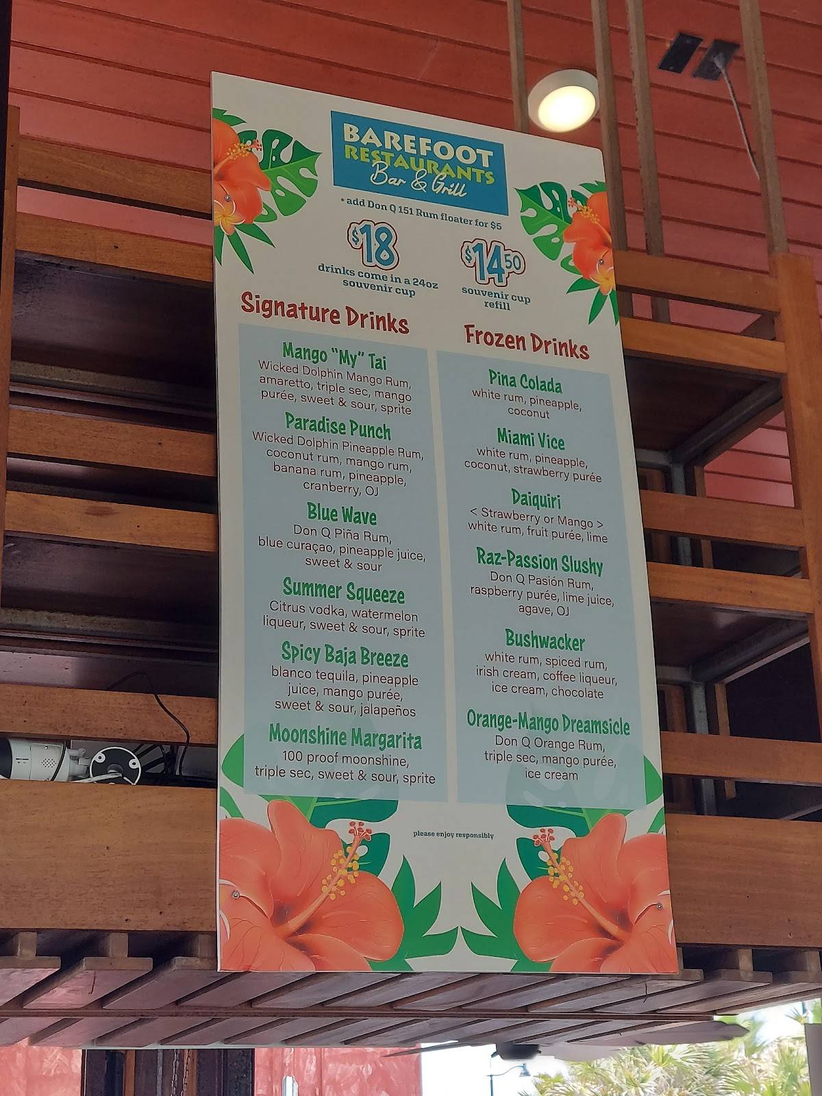 Menu at Barefoot On The Beach, Panama City Beach
