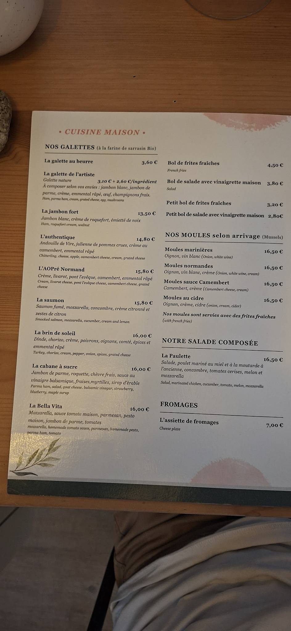 Menu au La Bohème restaurant, Barfleur
