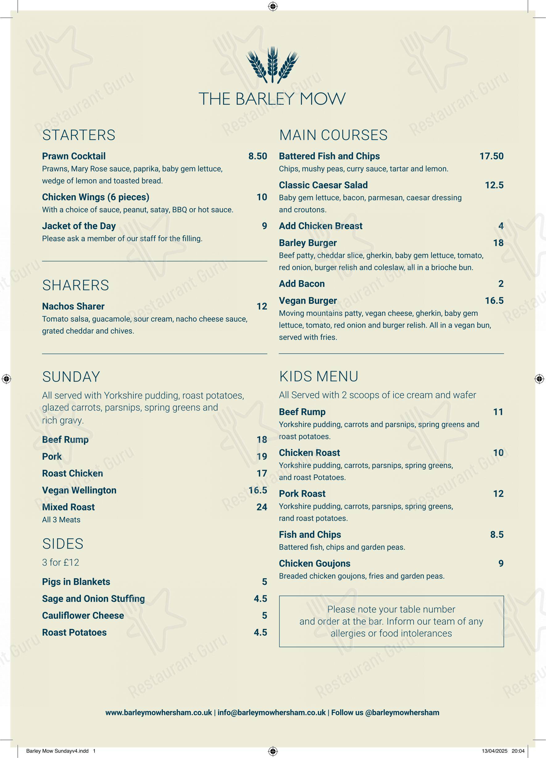 Menu at Barley Mow, Walton-on-Thames, 67 Molesey Rd