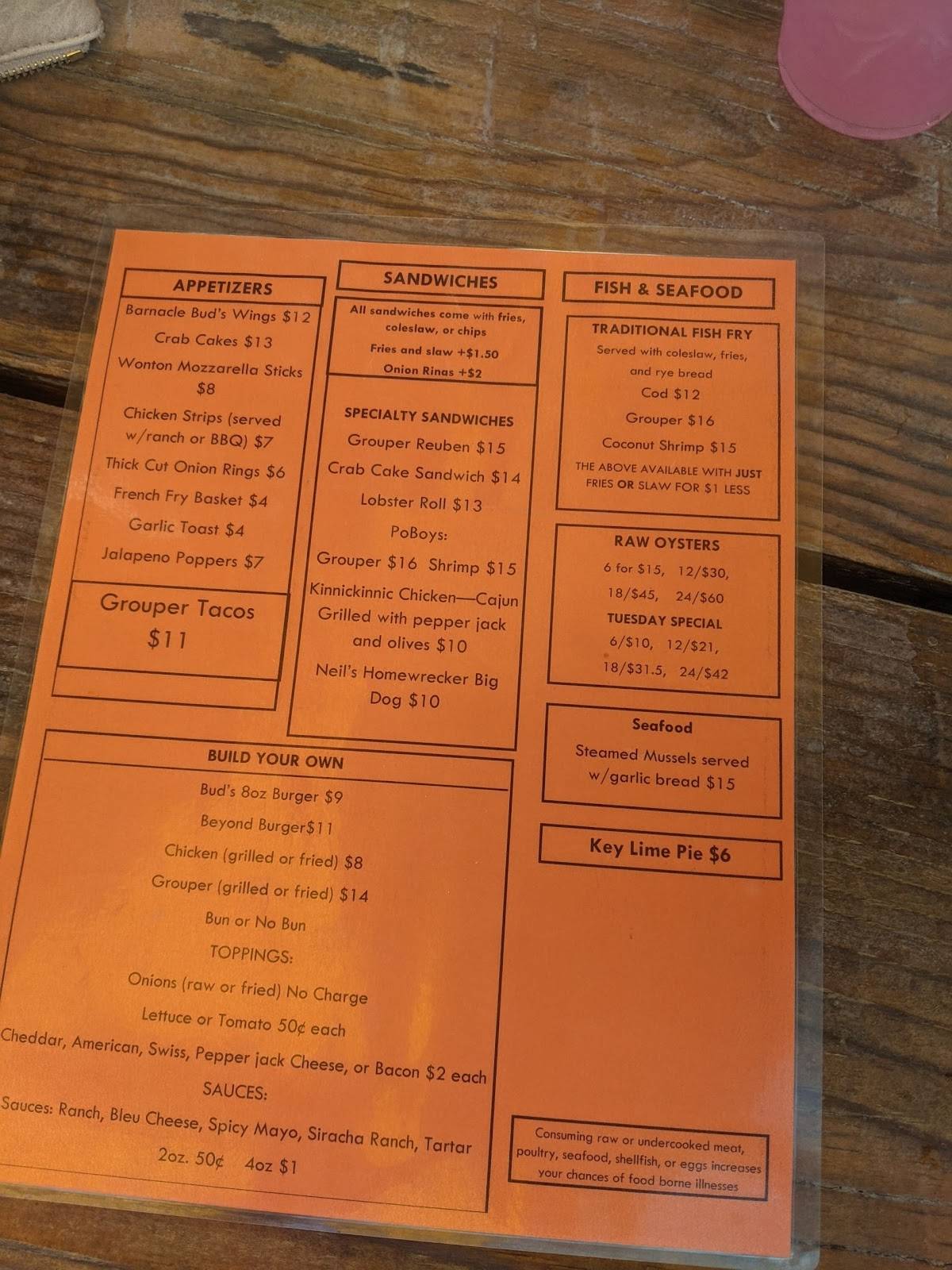 Menu at Barnacle Bud's, Milwaukee