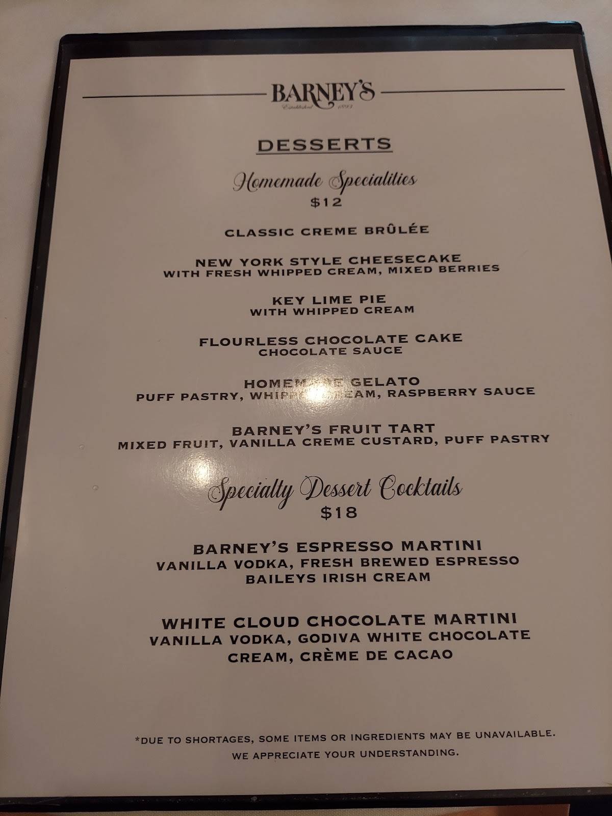Menu at Barney's Restaurant, Locust Valley
