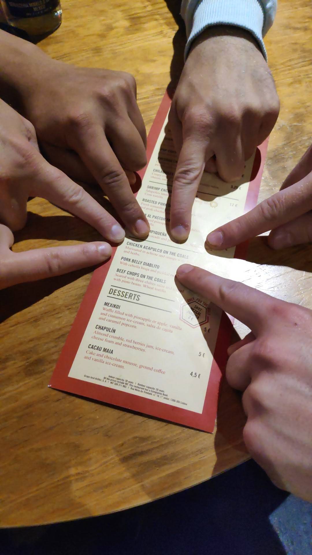 Menu at Barra Cascabel, Lisbon