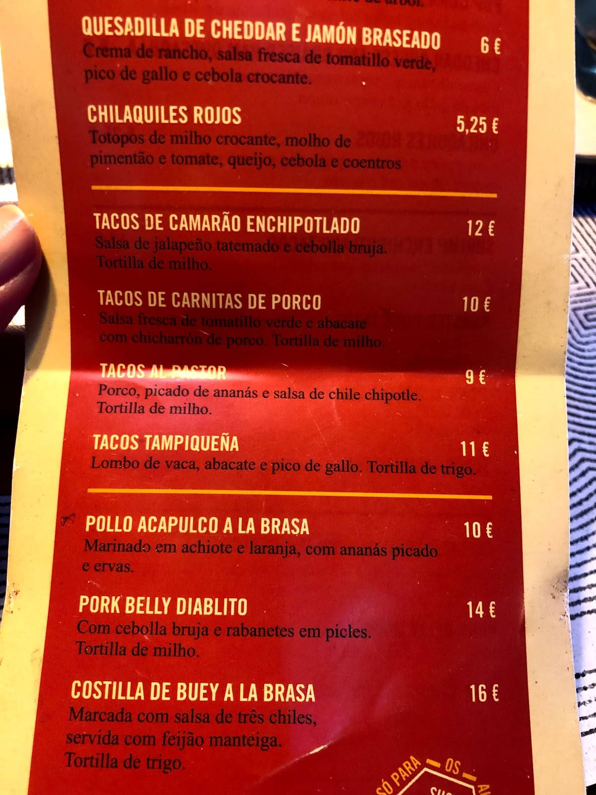 Menu at Barra Cascabel, Lisbon