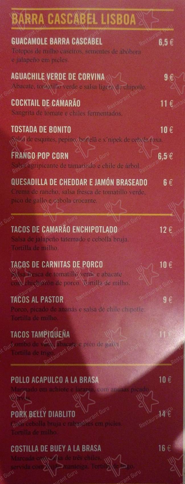 Menu at Barra Cascabel, Lisbon