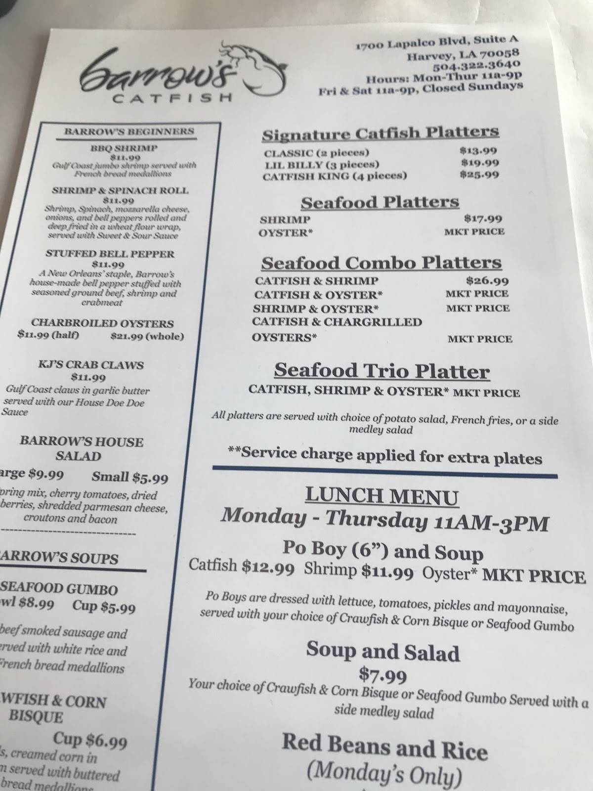 Menu at Barrow’s Catfish - Earhart, New Orleans