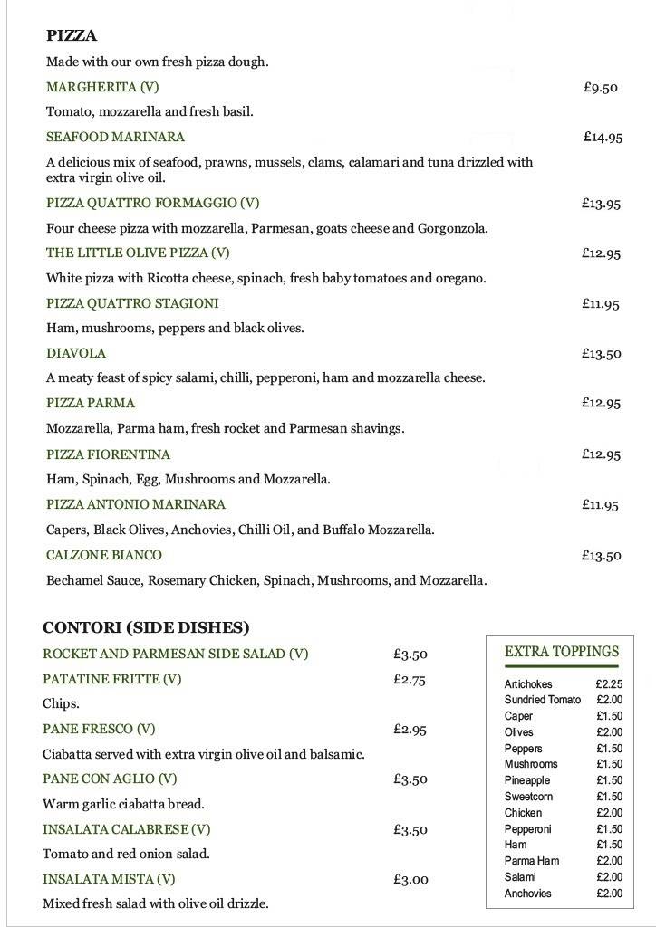 Menu at The Little Olive restaurant, Barry