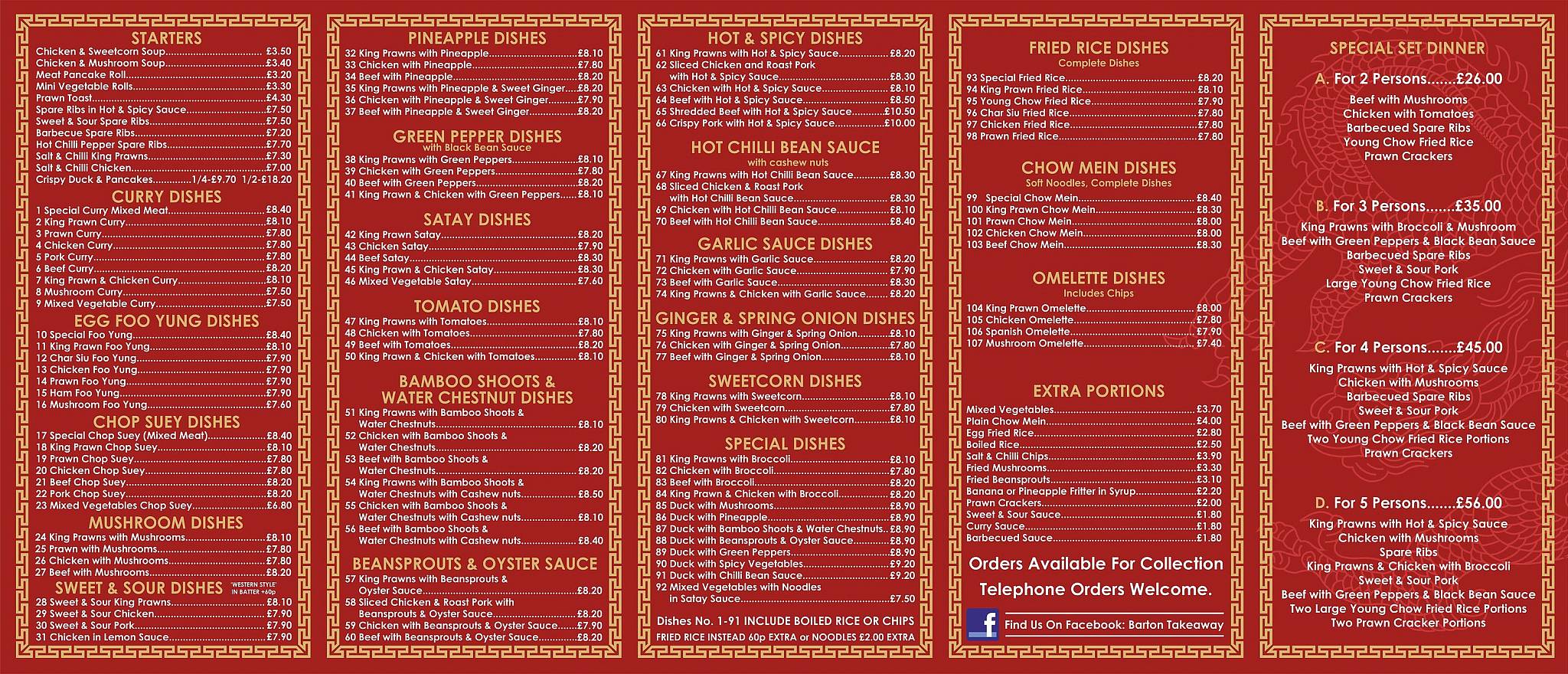 Carta de Barton Takeaway Preston Fish and Chips & Chinese Food, Preston