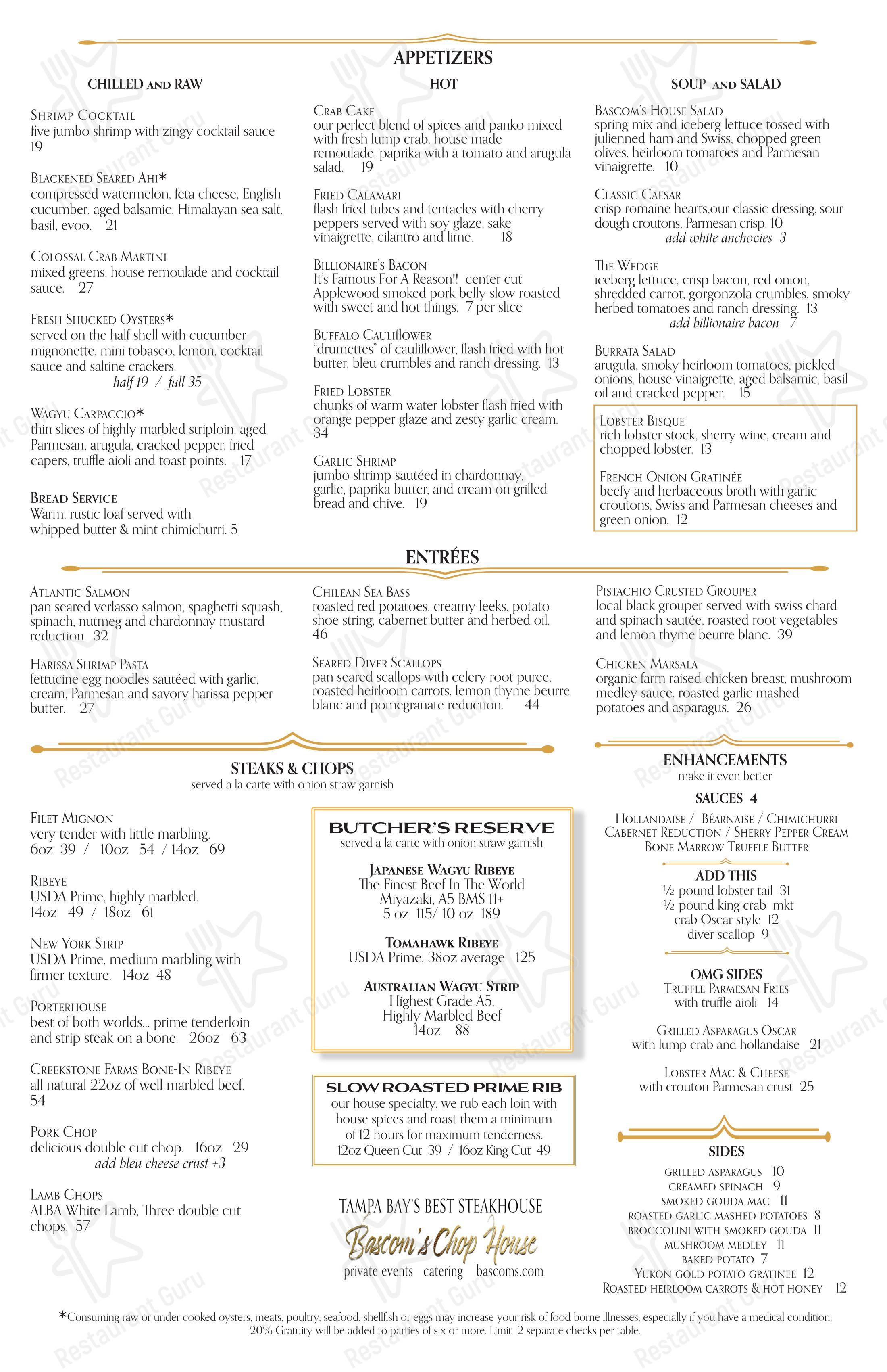 Menu at Bascom's Chop House steakhouse, Clearwater, Ulmerton Rd