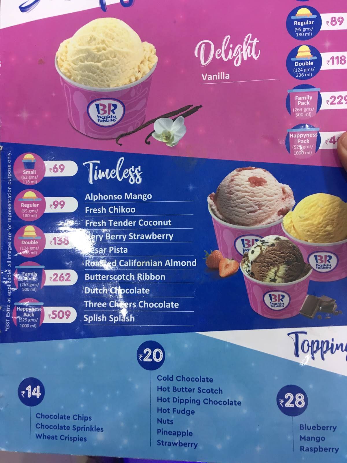 Menu at Baskin Robbins Ice-Creams, Mysuru