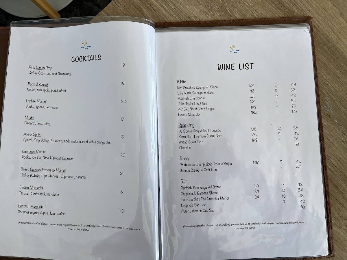 Menu at Bass & Flinders Pavilion restaurant, Sans Souci