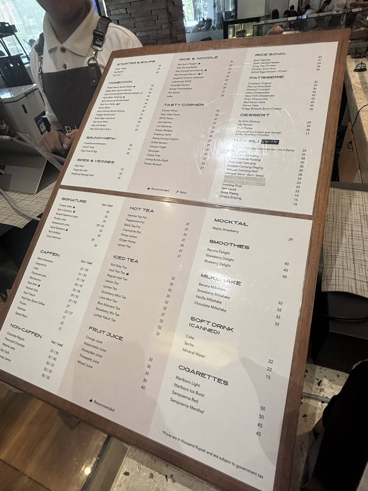 Menu at Spice Cafe, Batam
