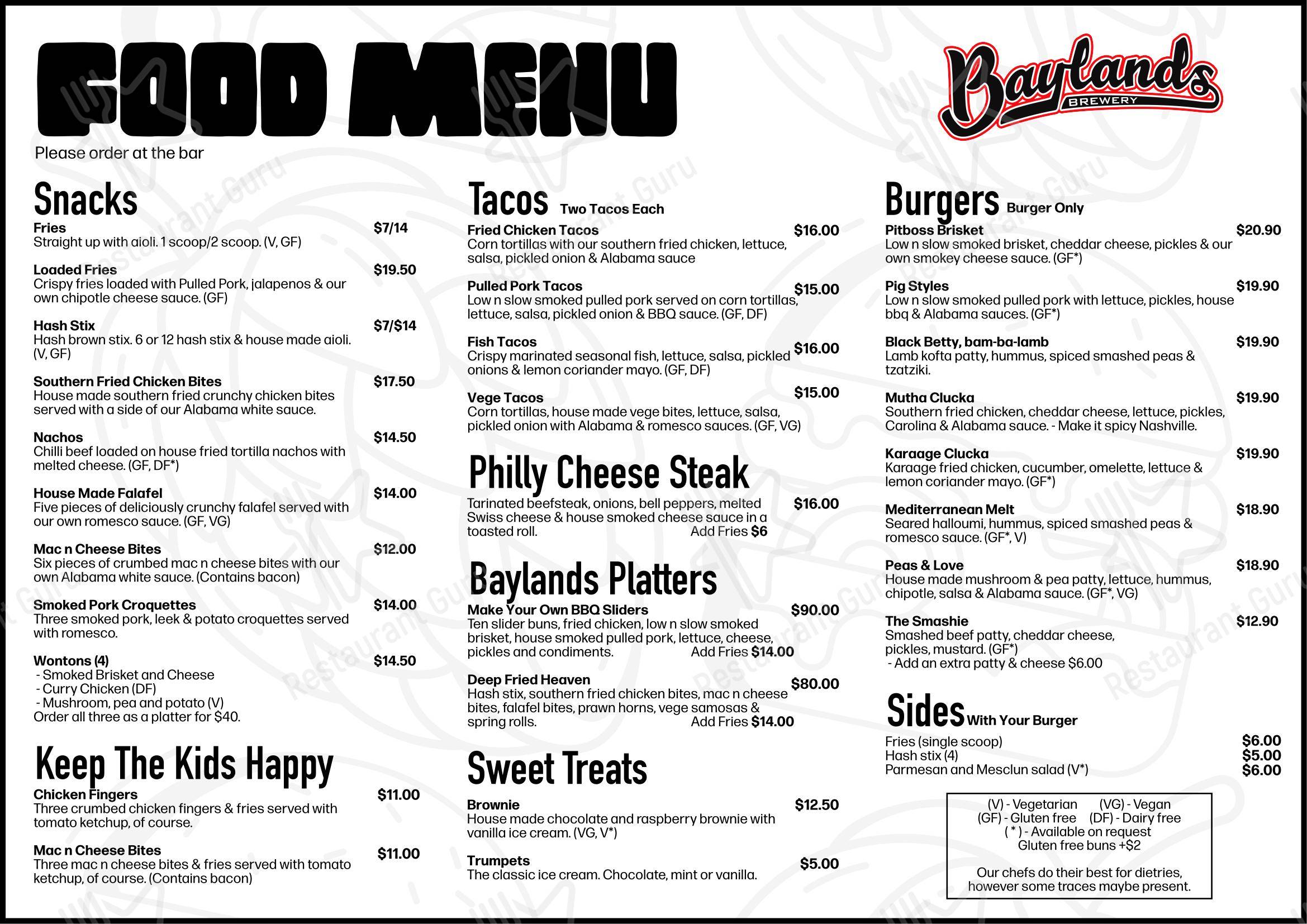 Menu at Baylands Brewery Ltd restaurant, Lower Hutt