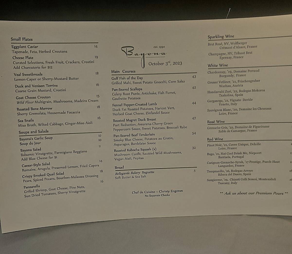 Menu at Bayona pub & bar, New Orleans